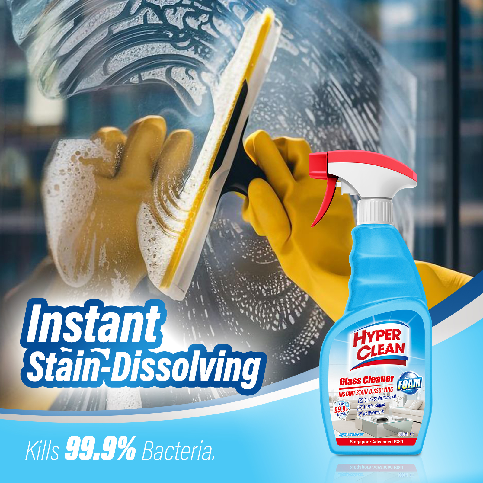 HYPERCLEAN 550ml Glass Cleaner Spray Watermark Remover | Kills 99.9 ...