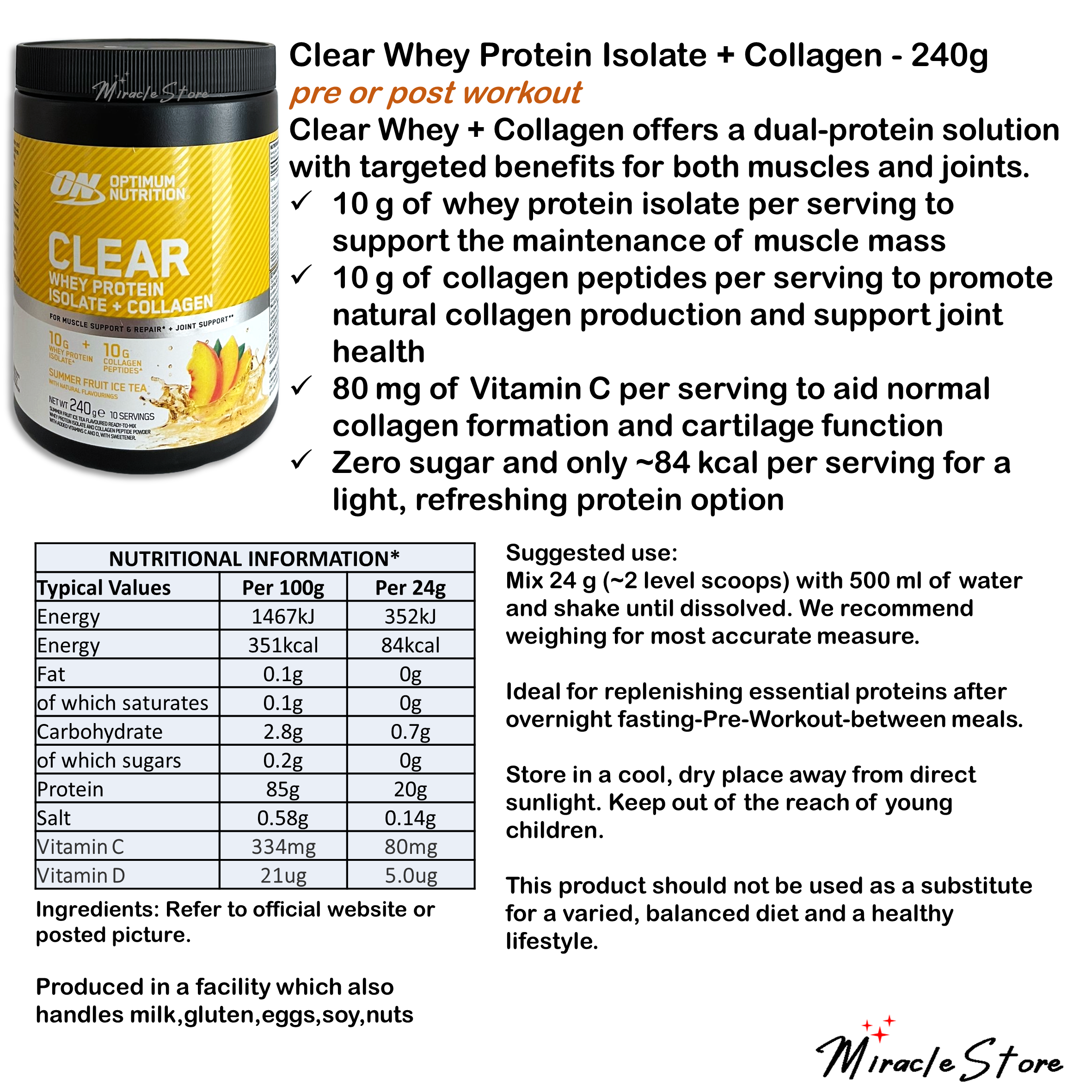 Optimum Nutrition Clear Whey Protein Isolate + Collagen 240g Muscle ...