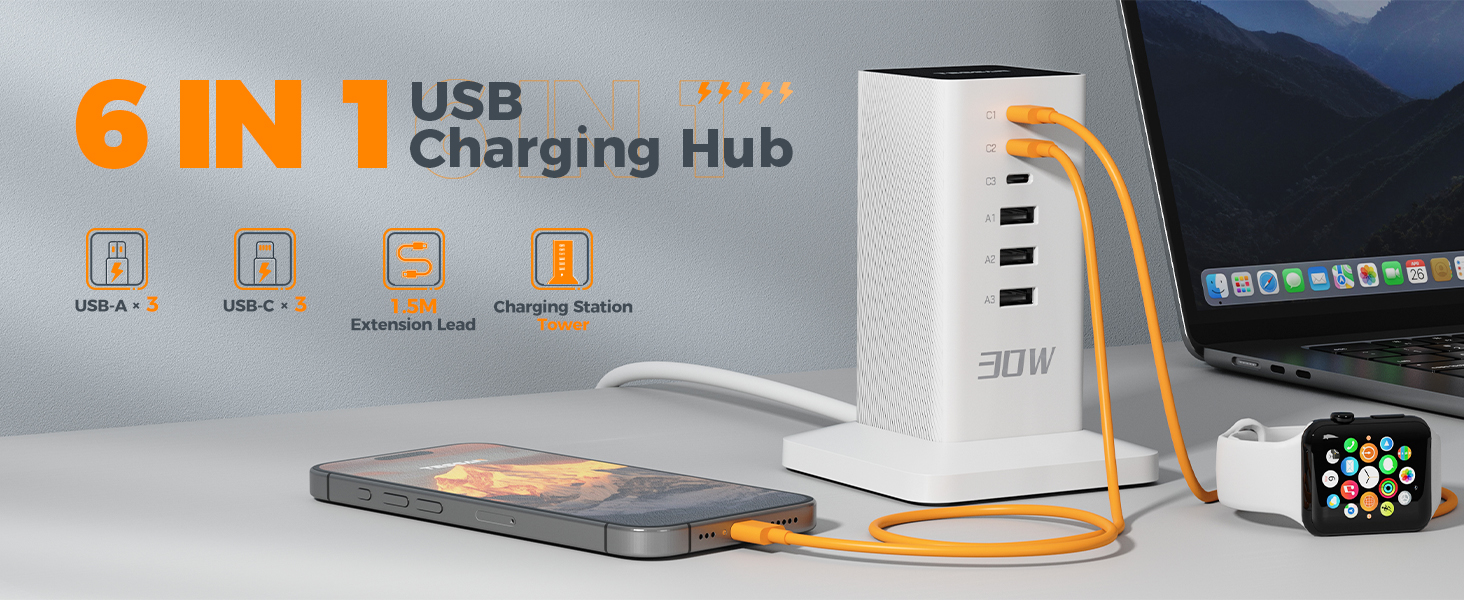 TESSAN - 30W Destop Charging Station 6-Port Tower Charging Hub With USB ...