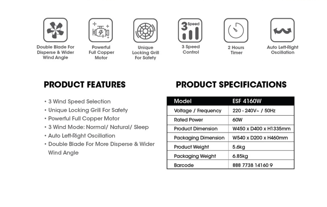 EUROPACE ESF4160W DOUBLE BLADE STAND FAN WITH REMOTE CONTROL | Shopee ...
