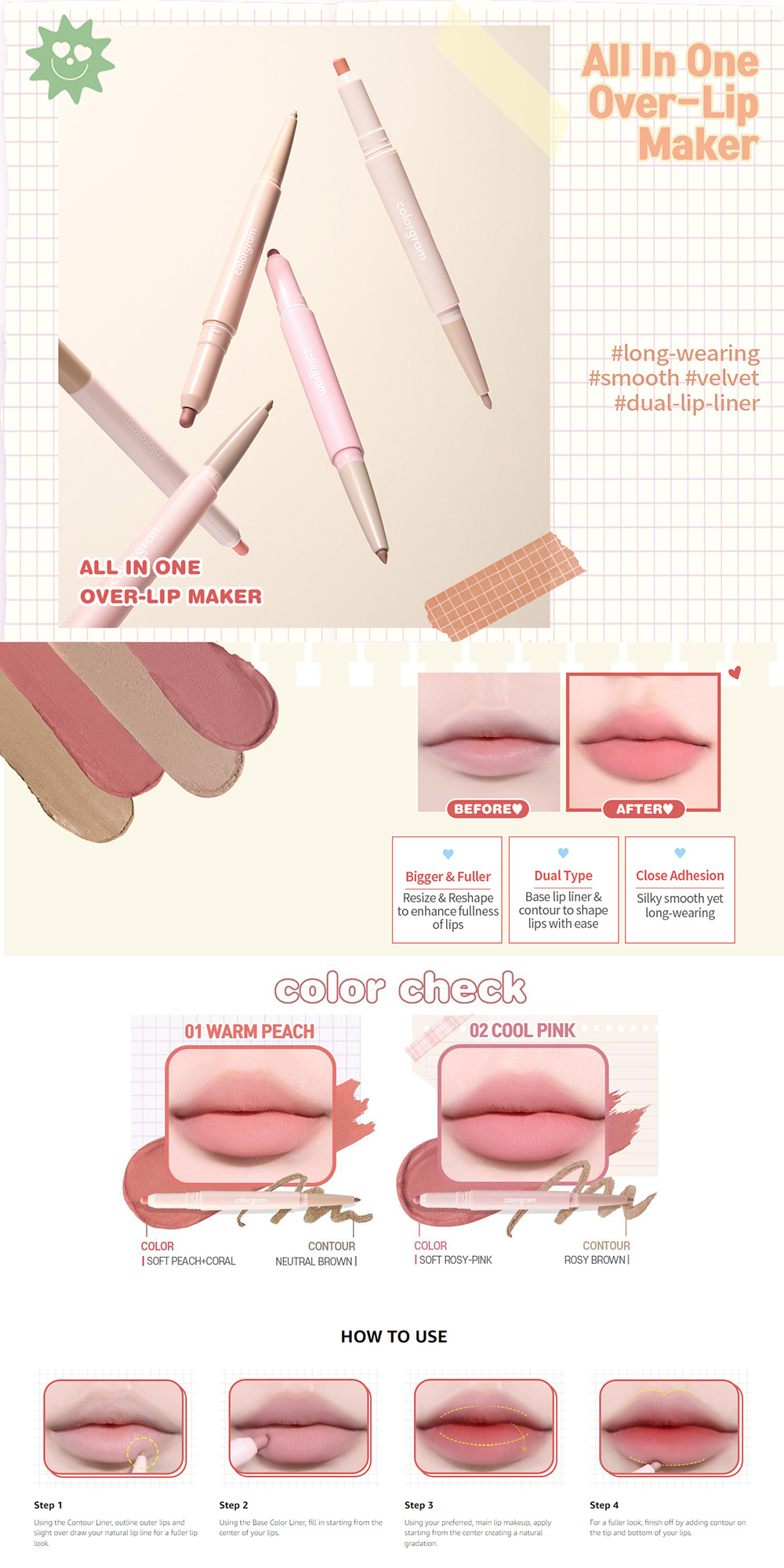 COLORGRAM (New color)All In One Over-lip Maker 0.5g*0.2g (5 Color)(warm ...