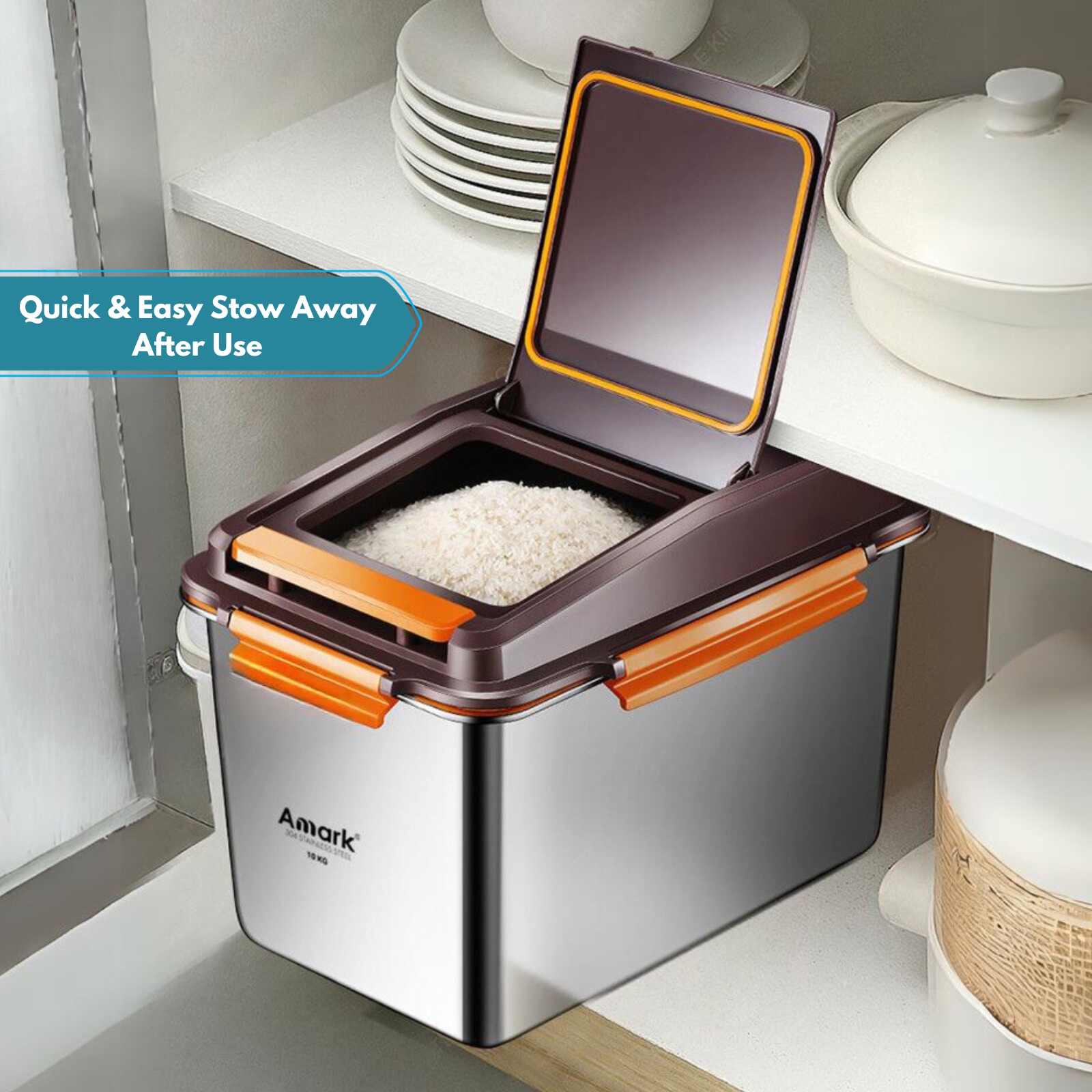 Amark Kitchen Collection Stainless Steel Rice Stocker Box 10kg - Push ...