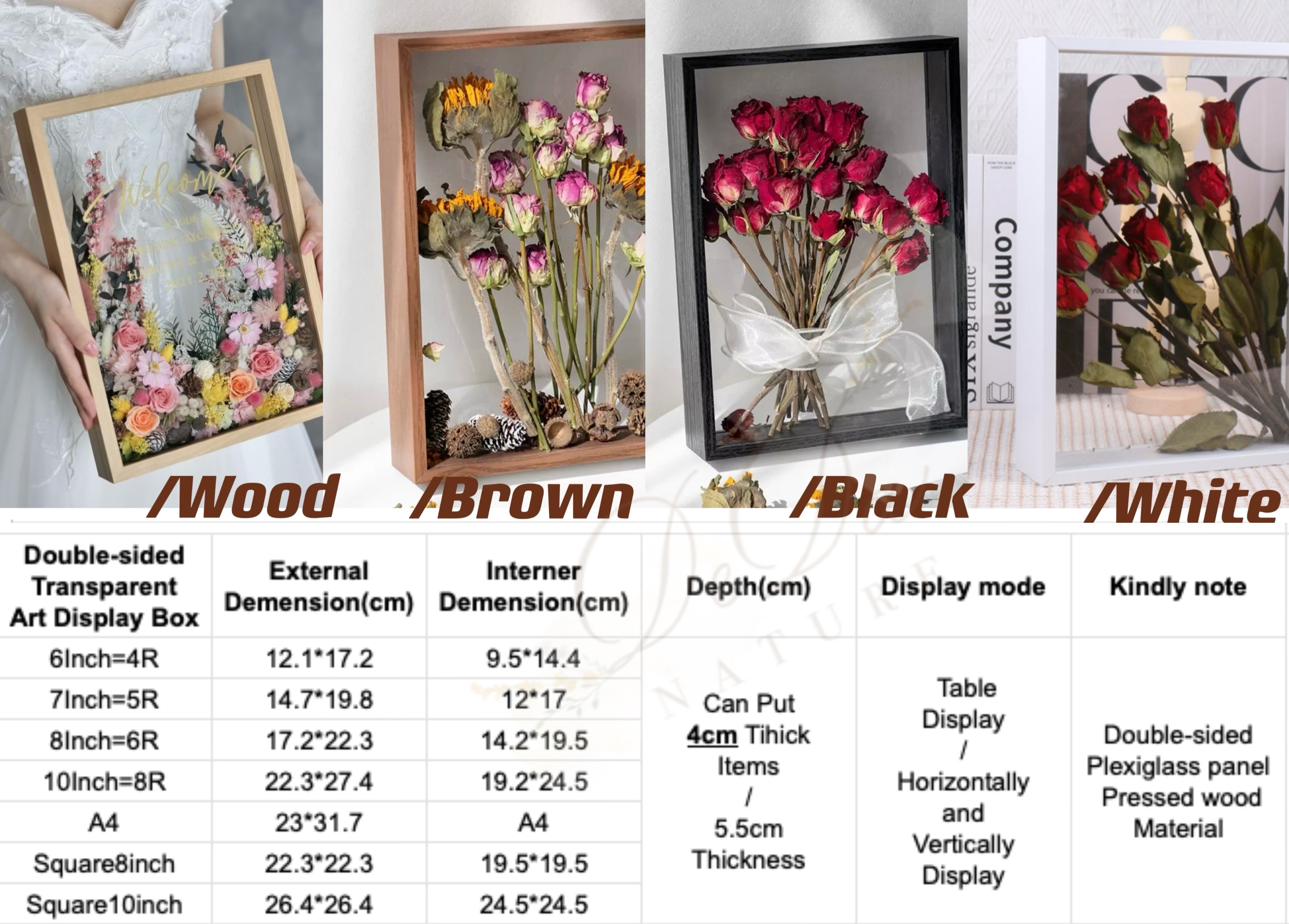 Wooden Frame Double-sided Transparent Art Display Box for Flower ...