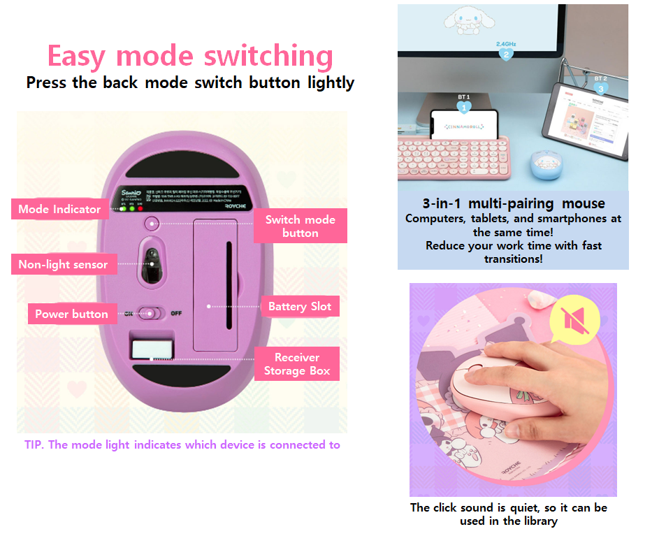 [ROYCHE] Sanrio Characters Multi-Pairing Wireless Mouse (MyMelody ...