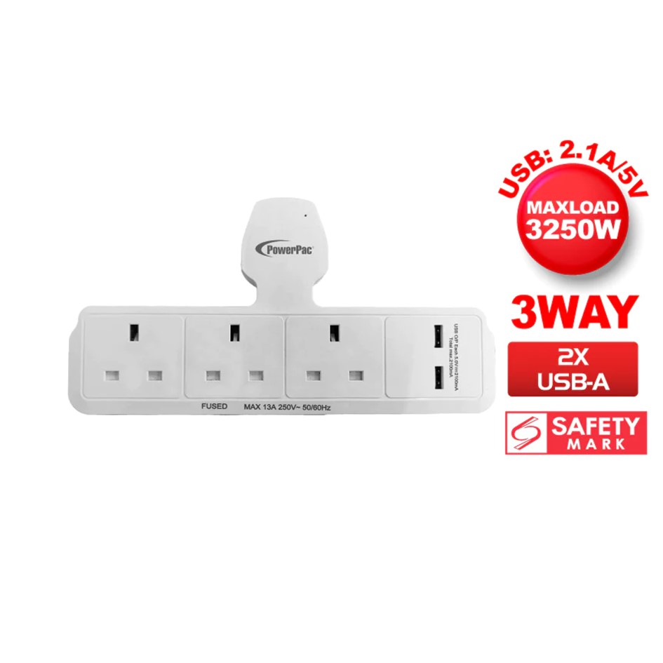 Powerpac 3W Wall socket Power Wall Extension Pug with 2x USB-A Port ...