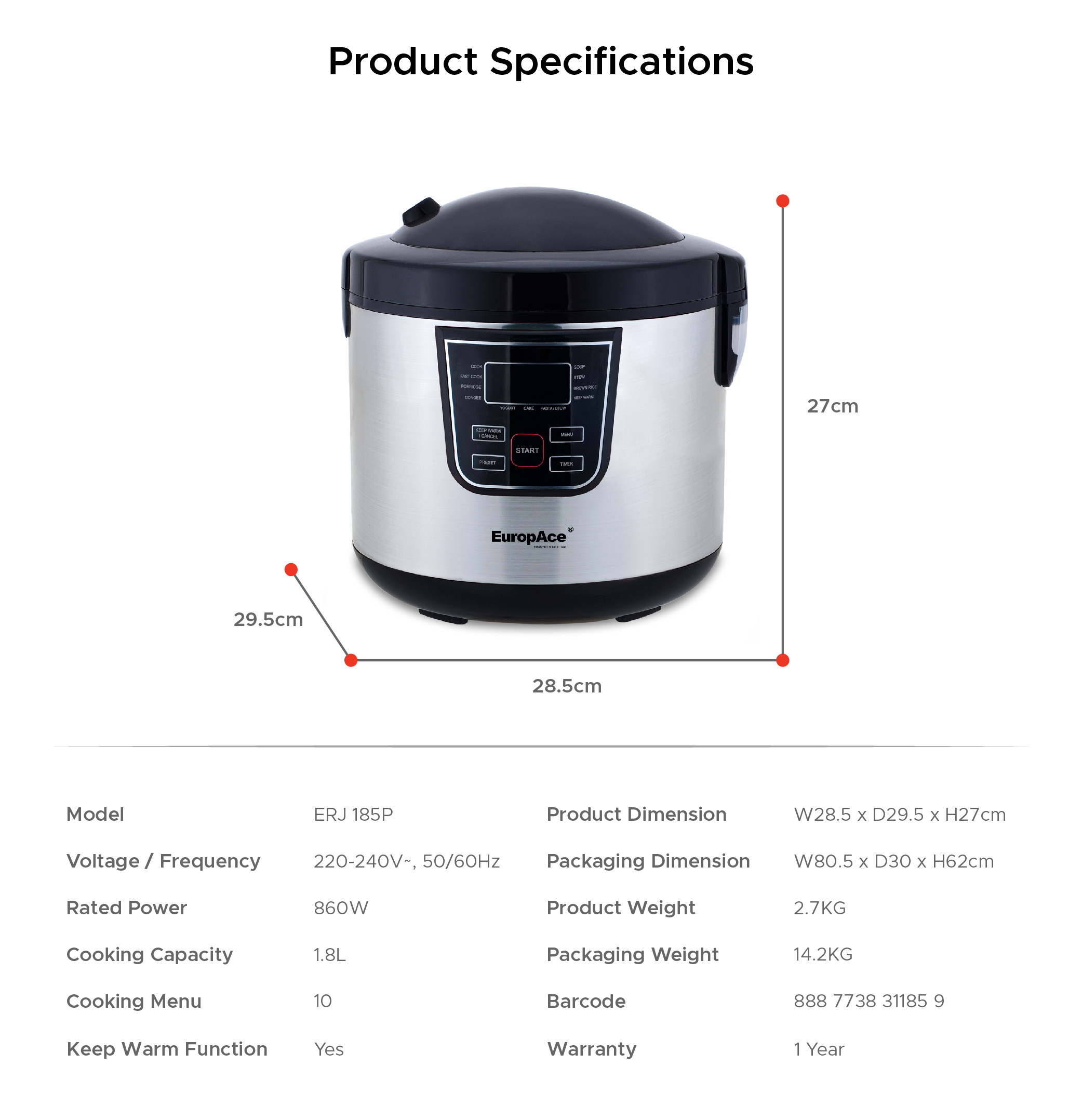 EuropAce 1.8L SMART Rice Cooker - ERJ185P | Shopee Malaysia