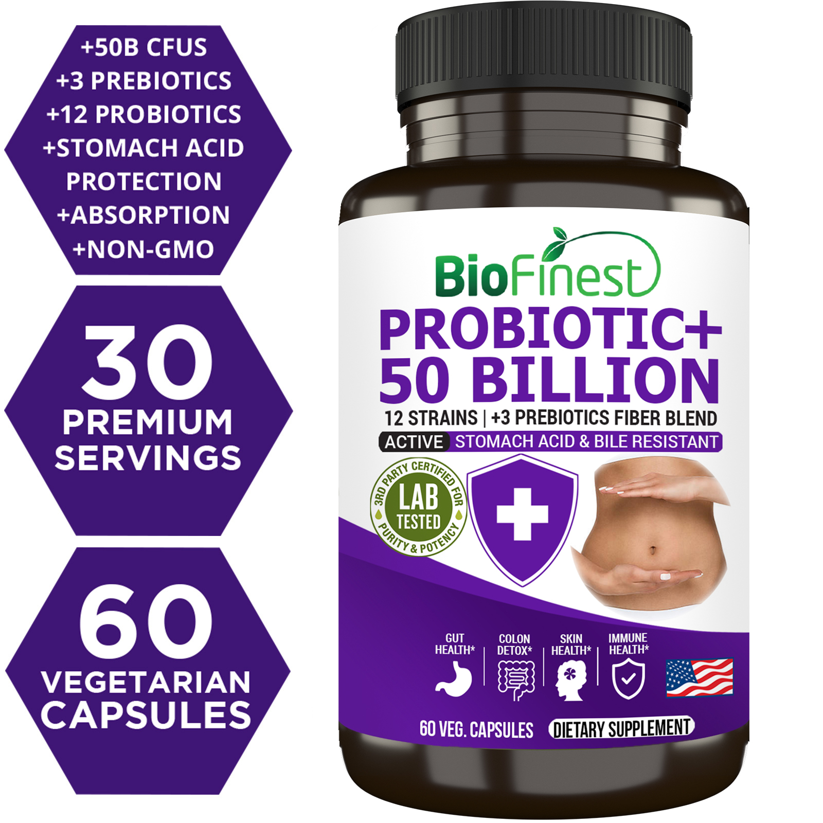 Biofinest Probiotic 50 Billion CFU Enzyme Supplement 12 + 3 Prebiotics ...