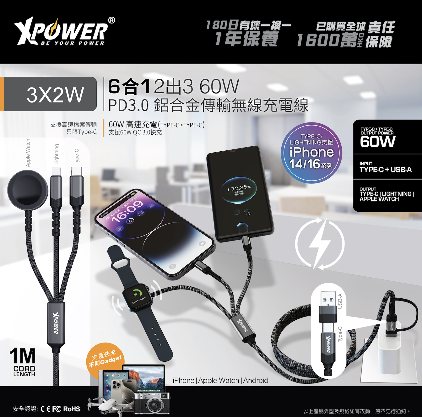 XPower 3X2W 6 IN 1 2IN 3 OUT 60W PD3.0 Aluminium Alloy Sync & Charge ...