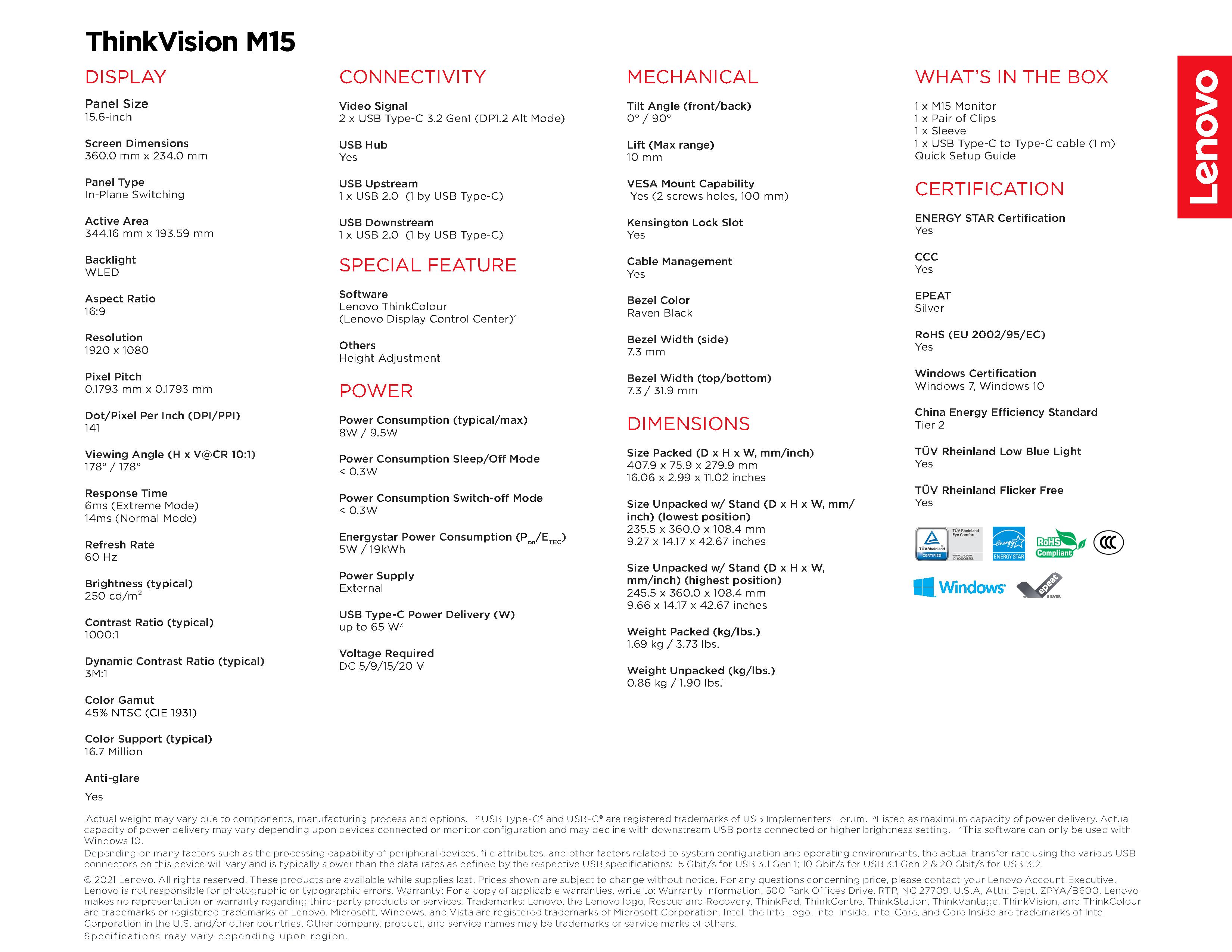 LENOVO ThinkVision M15 15.6" 1920x1080 FHD IPS Mobile Monitor | Shopee Malaysia