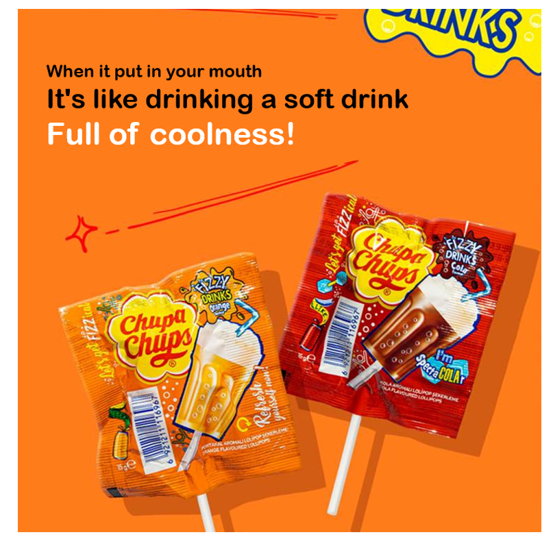 [CHUPA CHUPS] Fizzy Drinks Candy 6pieces Fizzy Lollipops 90g (Coke+Orange flavor) | Shopee Malaysia