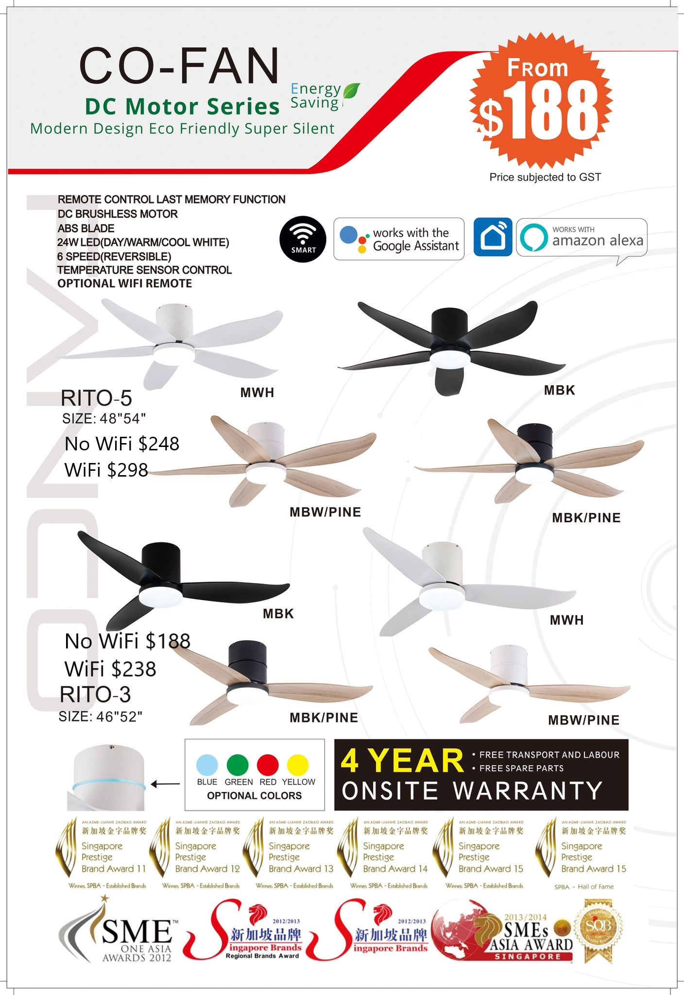 FANCO CO-FAN Rito 3 SMART DC Motor Ceiling Fan W 3 Tone LED Light Kit ...