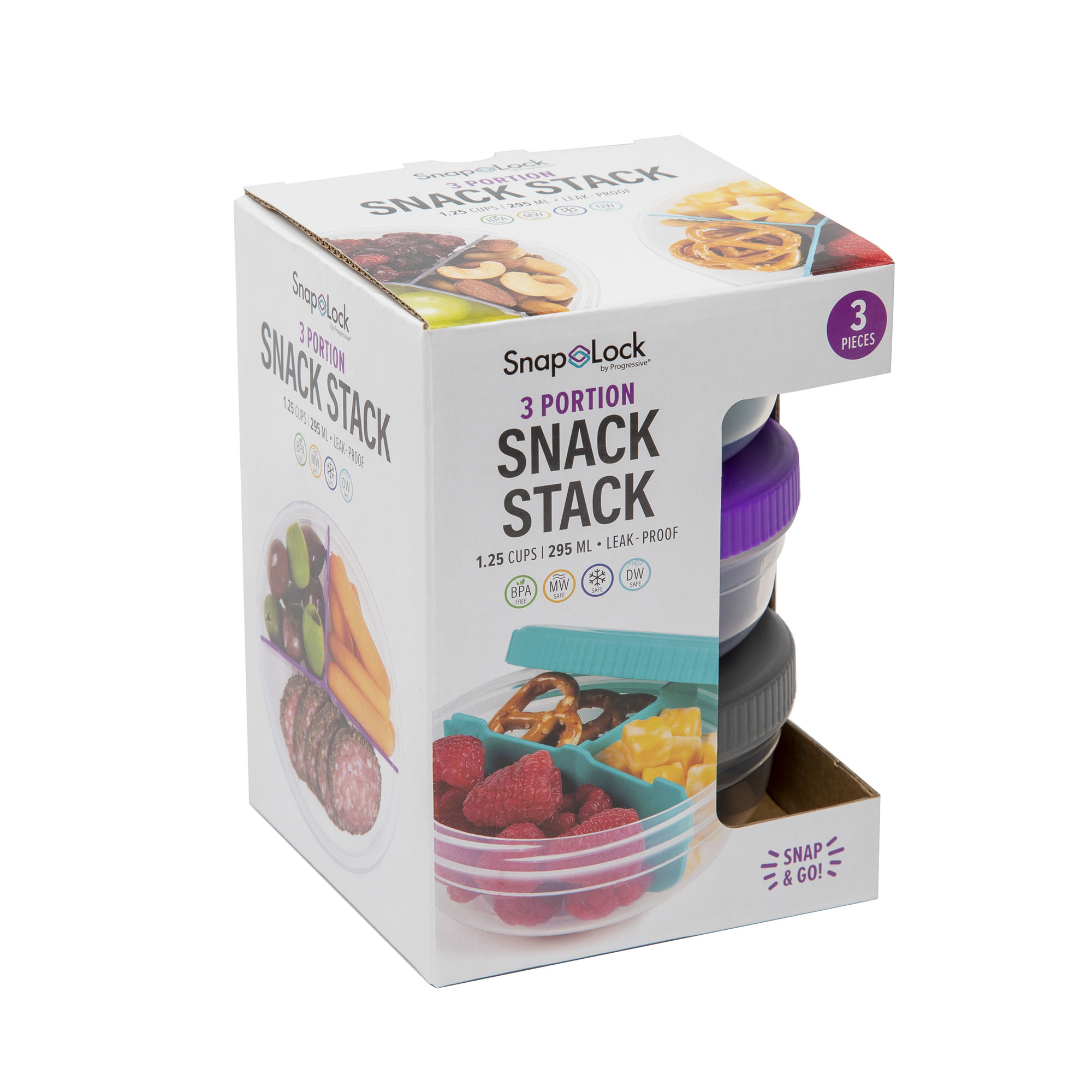 Progressive Snaplock 3 Piece 5 Ounce Leak Resistant Divided Snack Stack ...