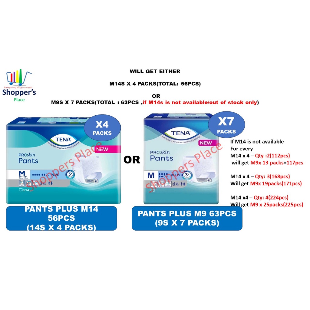 CARTON OF 2/3/4 -TENA Pants Plus Proskin ,M 14 pc/ L 14pc/XL 12pc(1 CTN ...