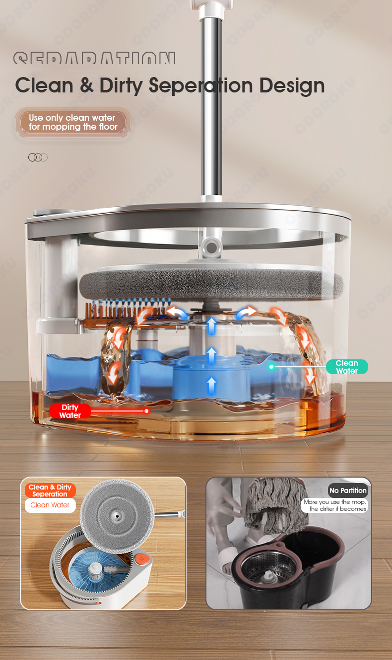 ODOROKU Clean Water Spin Mop and Bucket with Wringer Set Stainless ...