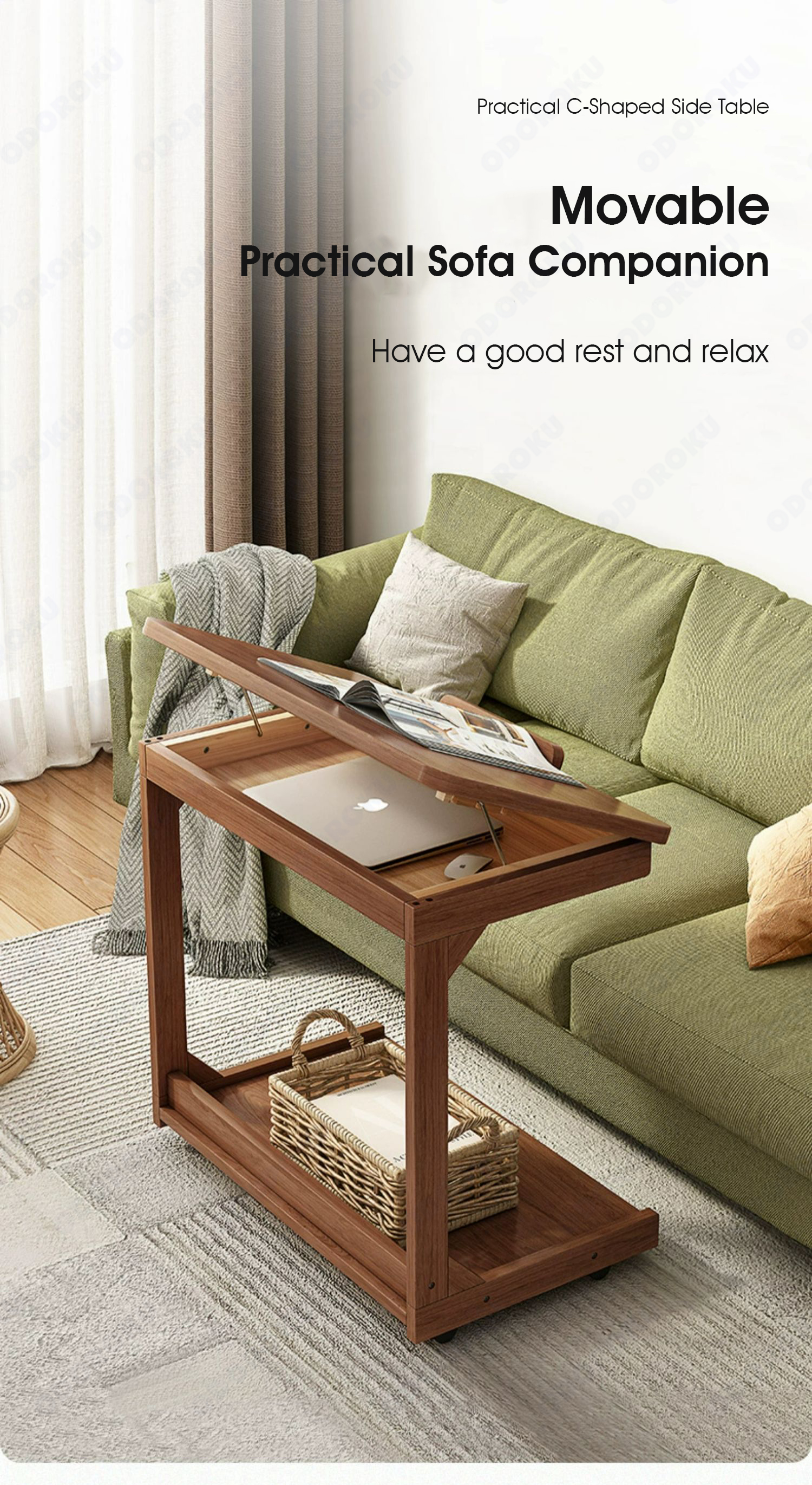 ODOROKU C Shaped Foldable Laptop Work Table with Wheels Wooden Movable ...