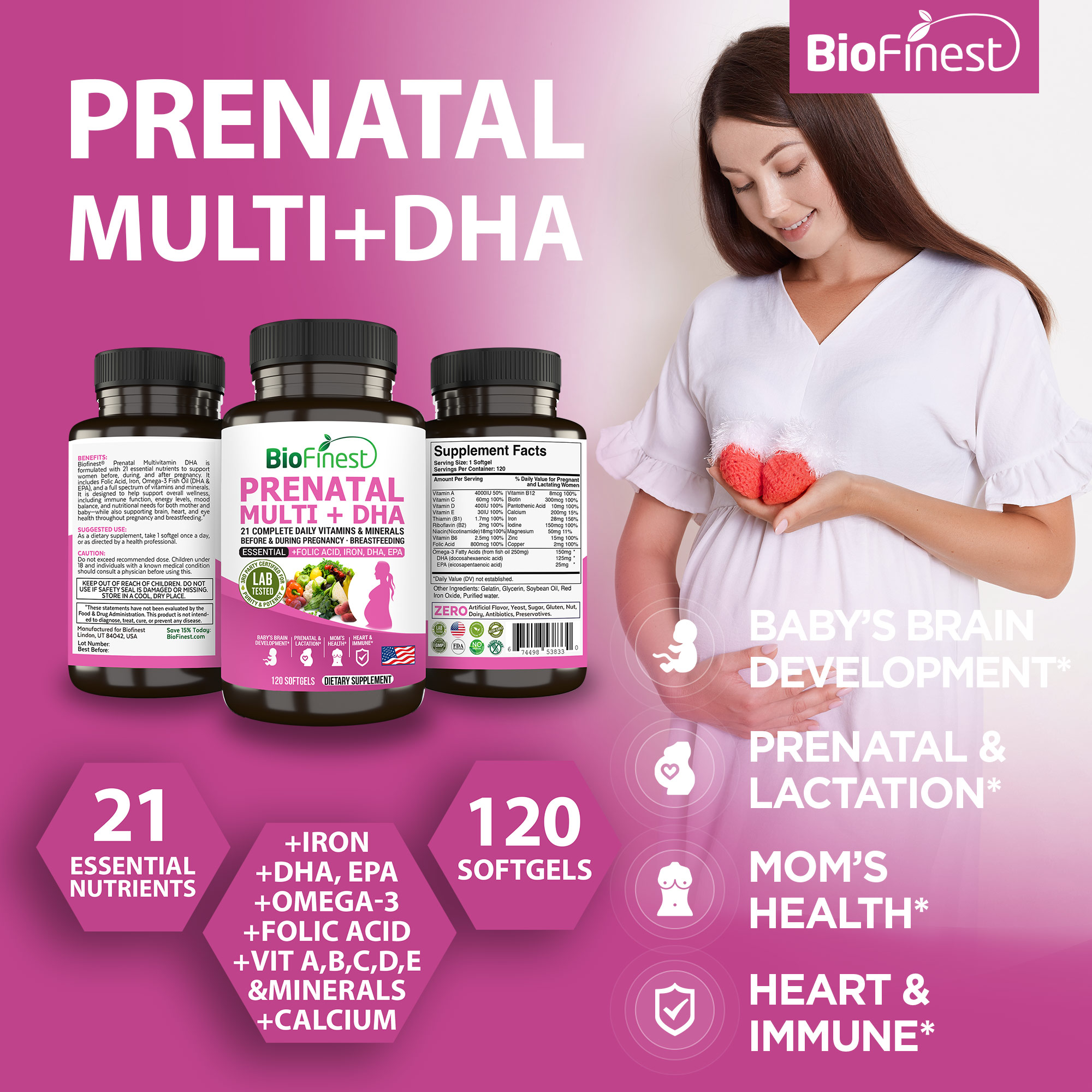 Biofinest Prenatal Multivitamin 3 DHA EPA Folic Acid Iron Vitamins A B ...