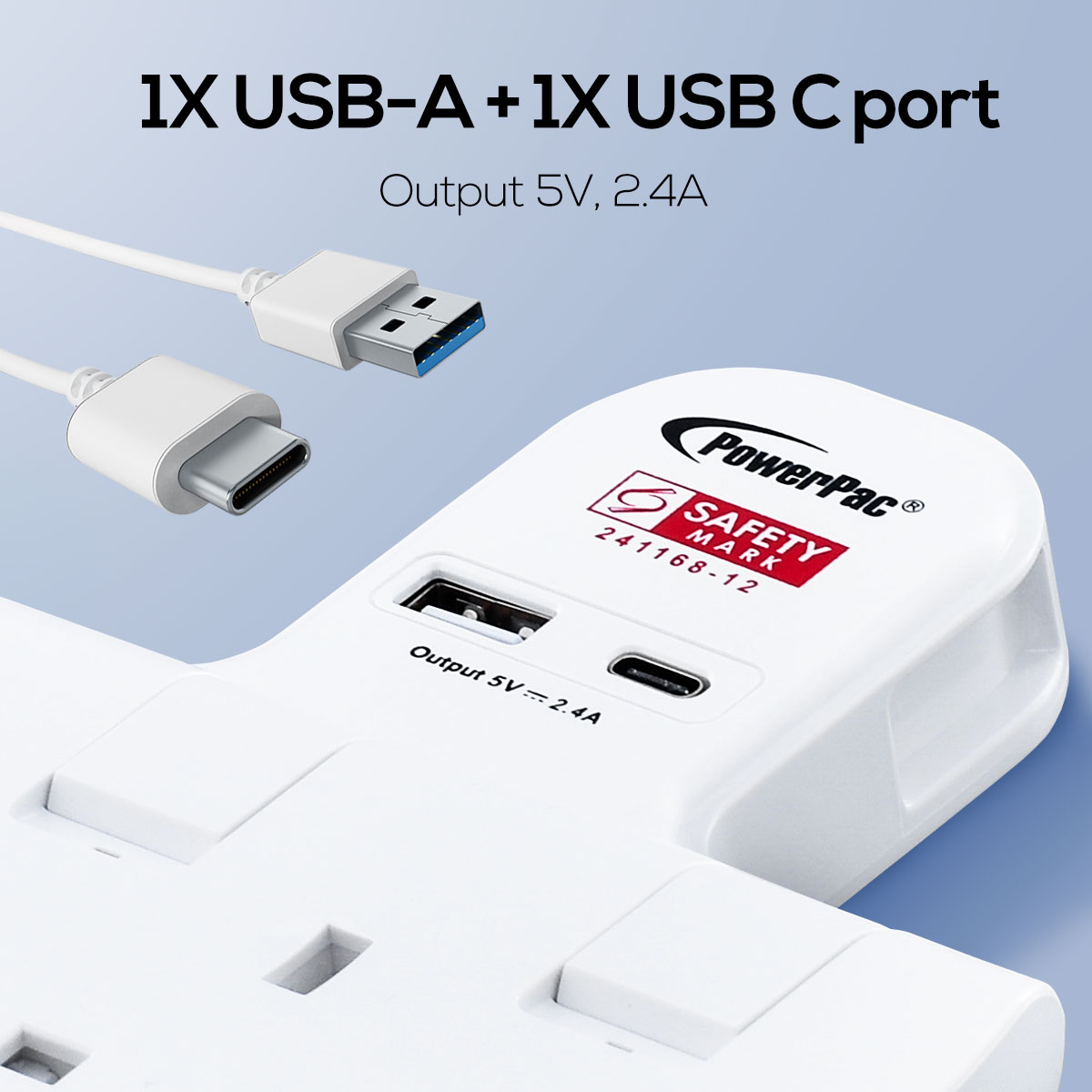 PowerPac Multi Plug Extension Adapter with 2 Way adapter, USB-A, USB-C ...