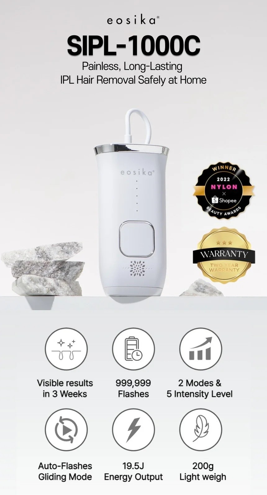 eosika IPL Laser Hair Removal Device 1000C, Painless, Permanent ...