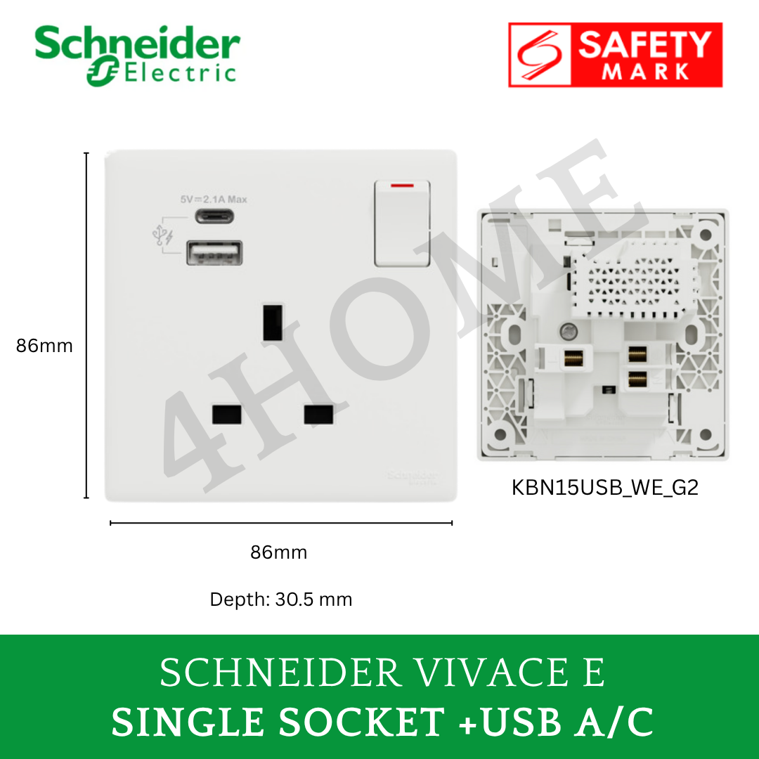 Schneider Vivace E White Single Double Socket with USB A USB C– Safety ...