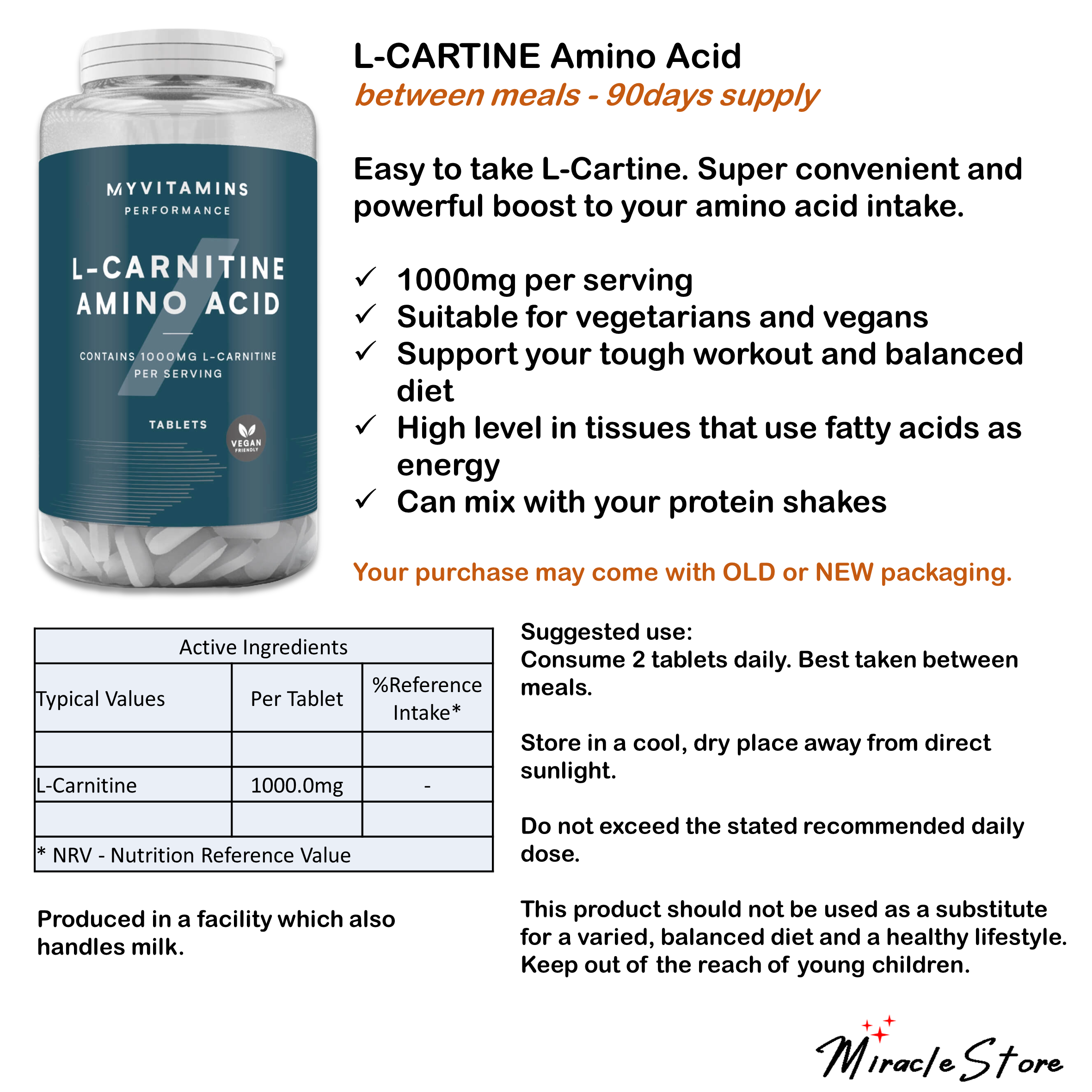 Myprotein L Carnitine Amino Acid 180 tablets Myvitamins 1000mg vegan ...
