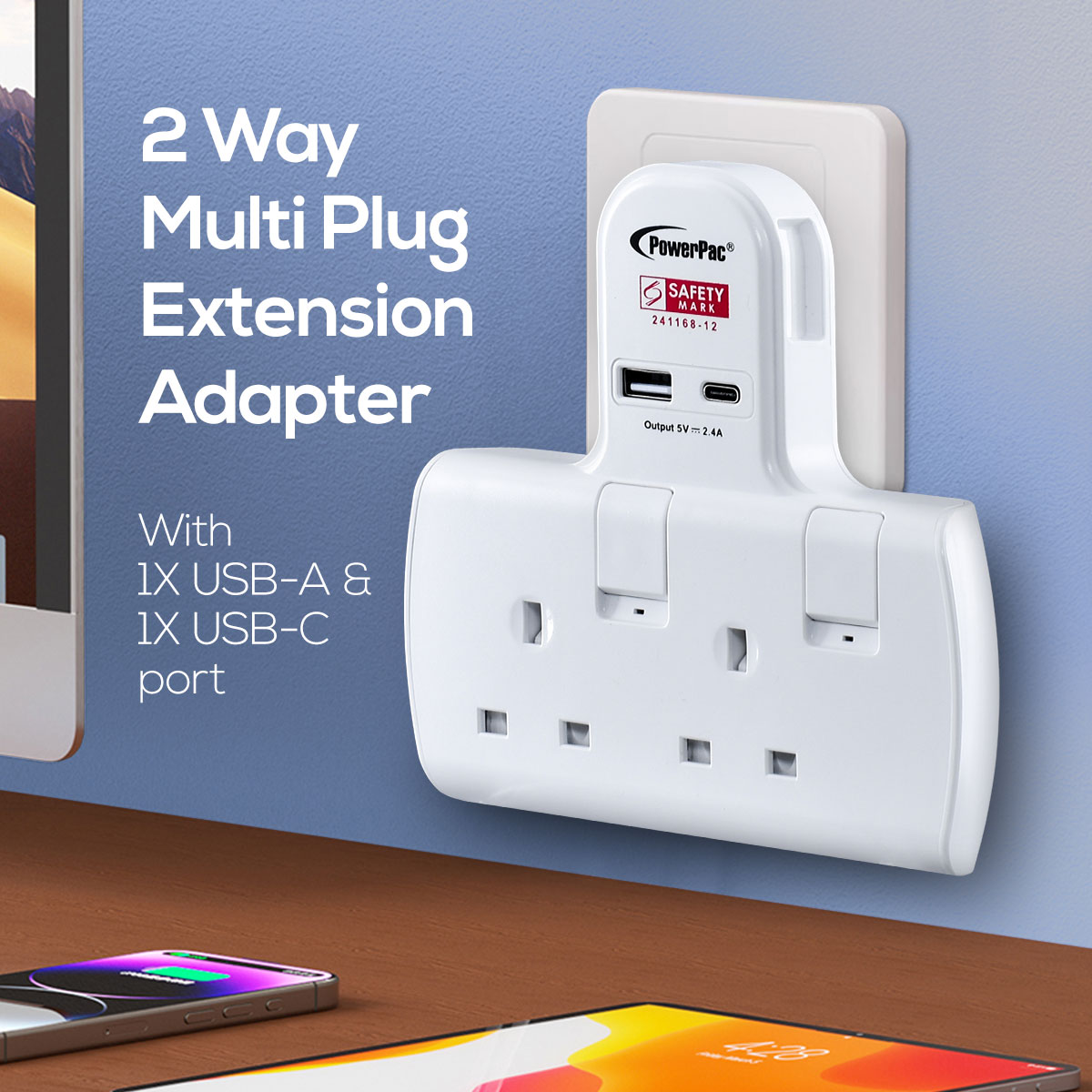 PowerPac Multi Plug Extension Adapter with 2 Way adapter, USB-A, USB-C ...