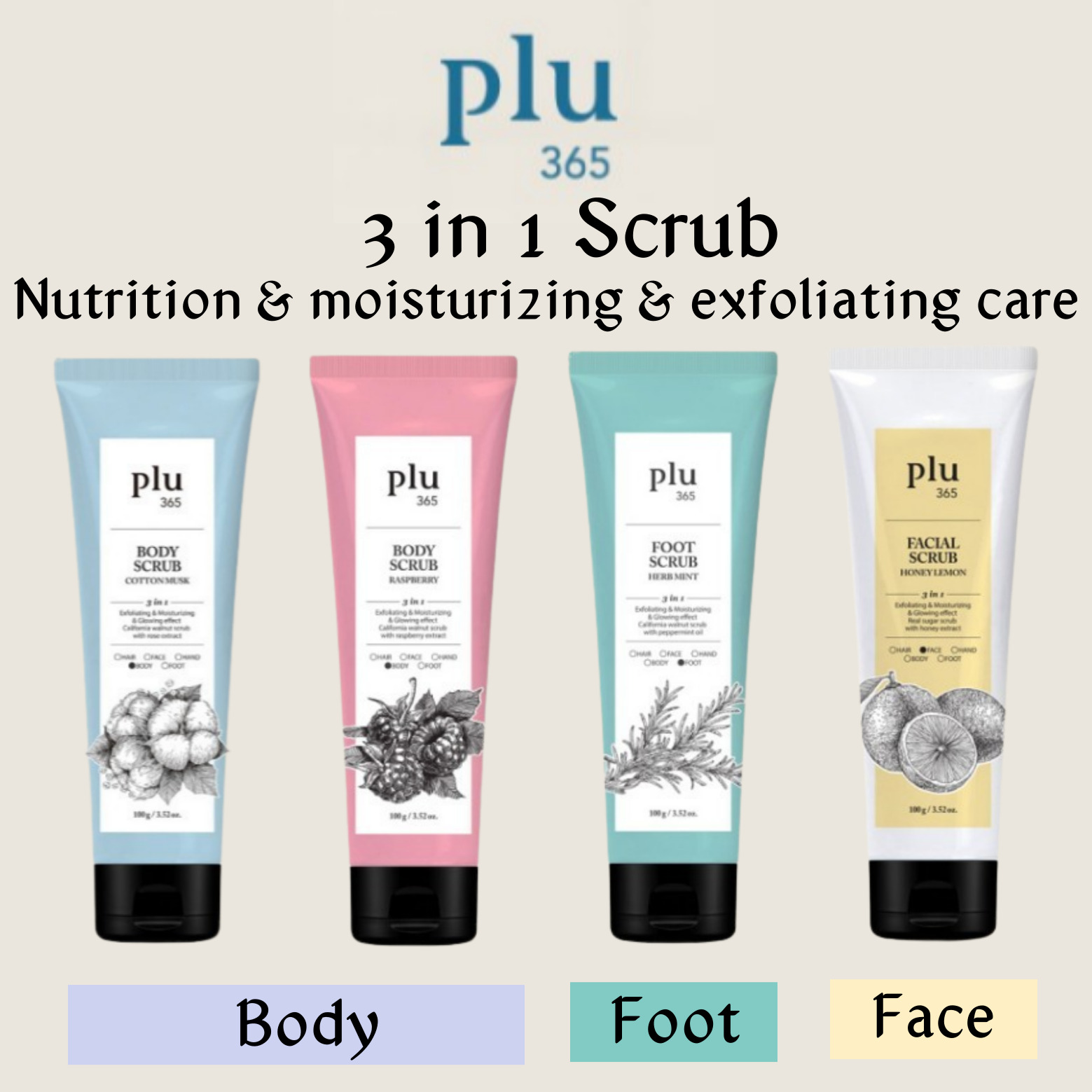 KOREA 🇰🇷 plu 3 in 1 Body Scrub 100g / Facial scrub / Foot scrub ...