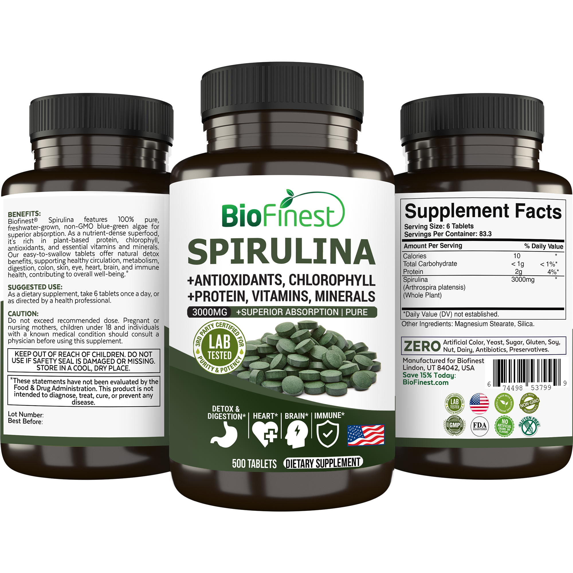 Biofinest Spirulina 3000mg Supplement - Alkaline Superfood Vitamin ...