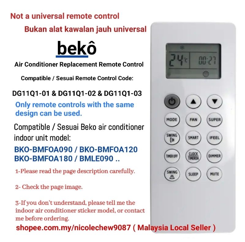 High Quality Beko air conditioner Replacement Remote Control DG11Q1-01 ...