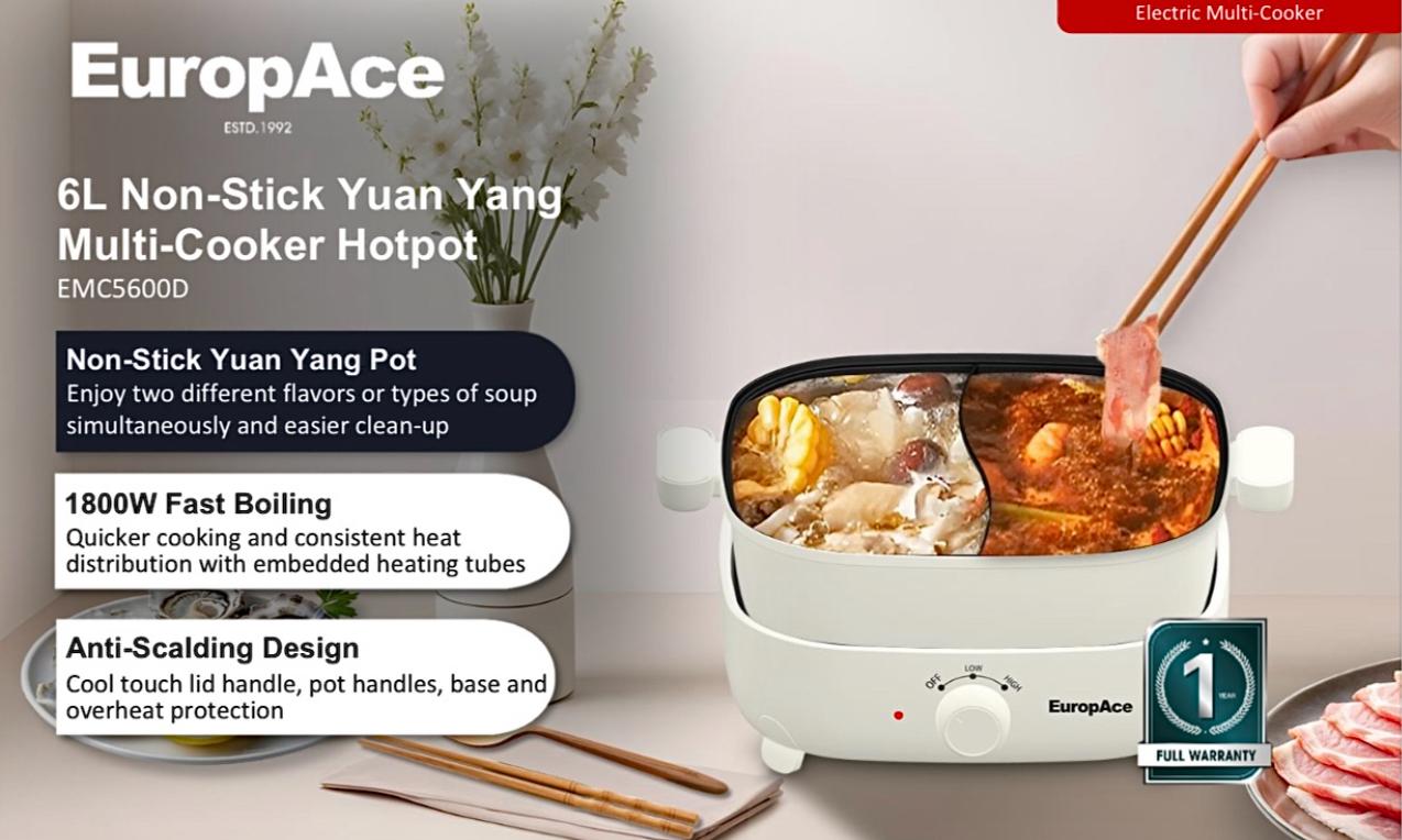 EuropAce 6L YuanYang (Non Stick Dual Pot) Multi Purpose Cooker Hotpot ...