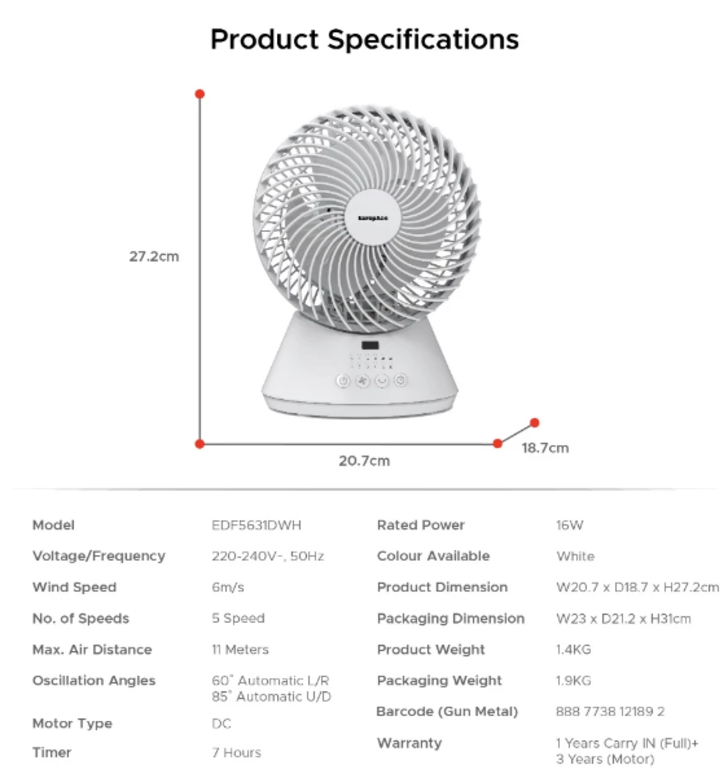 EUROPACE EDF5631DWH 6” DELUXE DC MOTOR DESK FAN + 1 YEAR WARRANTY ...