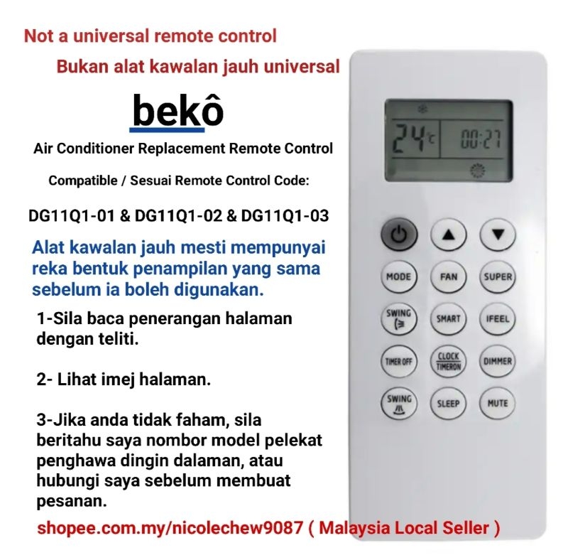 High Quality Beko air conditioner Replacement Remote Control DG11Q1-01 ...