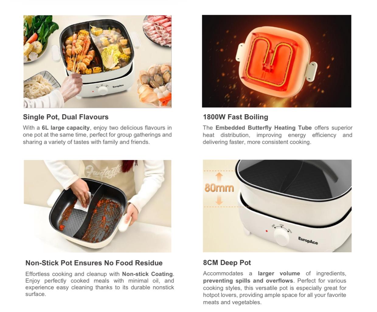 EuropAce 6L YuanYang Multi Cooker Hotpot | Steamboat (Non Stick Dual ...