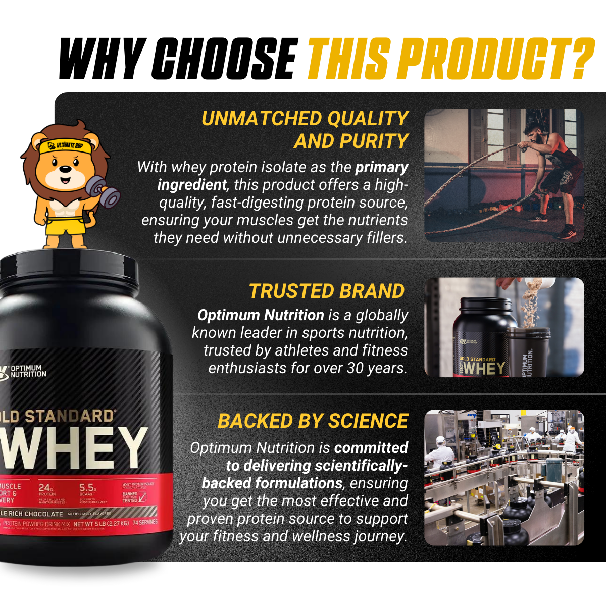 Optimum Nutrition, Gold Standard, 100% Whey Protein Powder, 2lbs (907g ) / 5 lbs (2.27 kg) / 10 ...