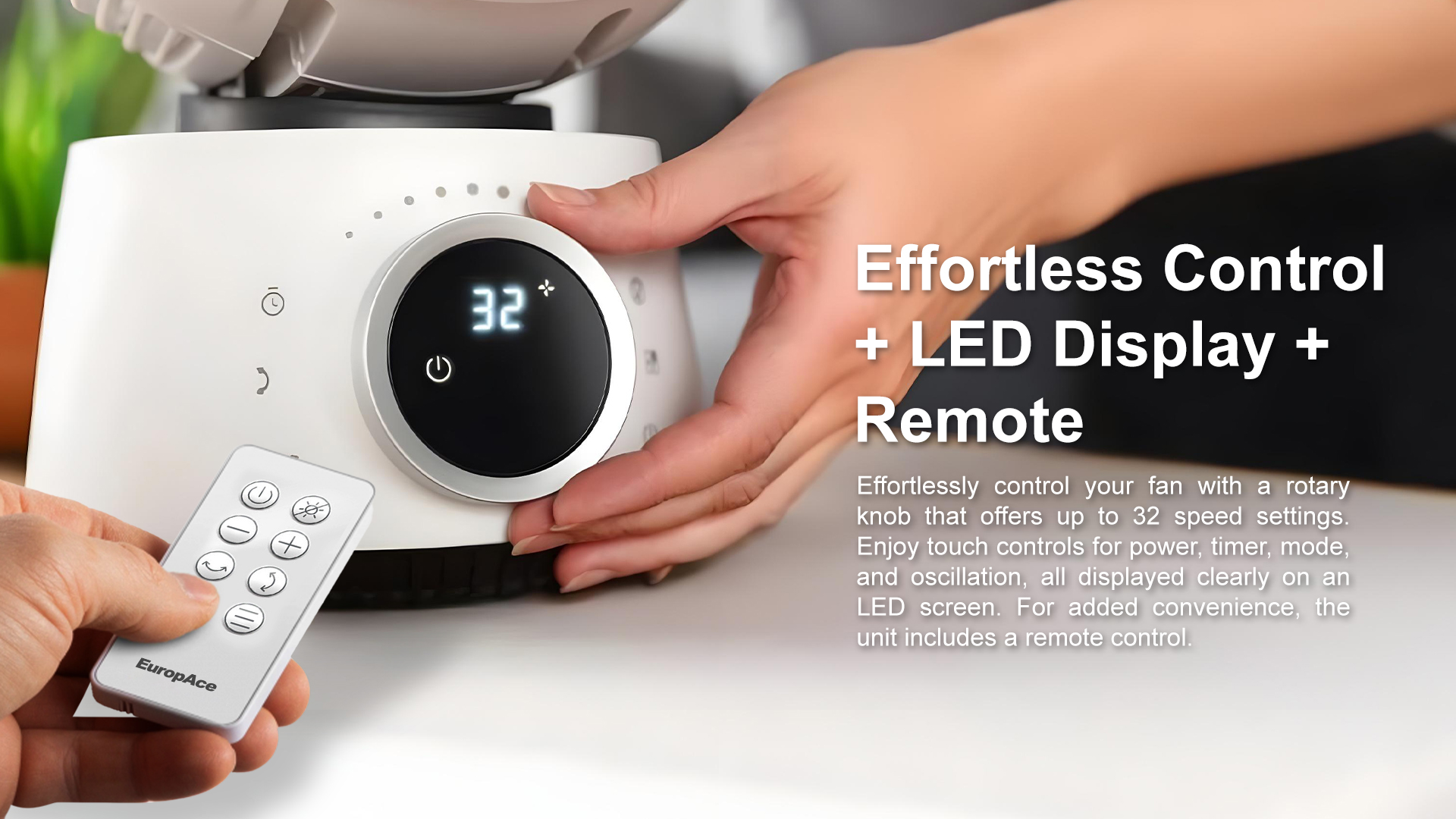 EuropAce Desk Fan | 360 Oscillation, 32 Speeds, Low Noise, LED Display ...