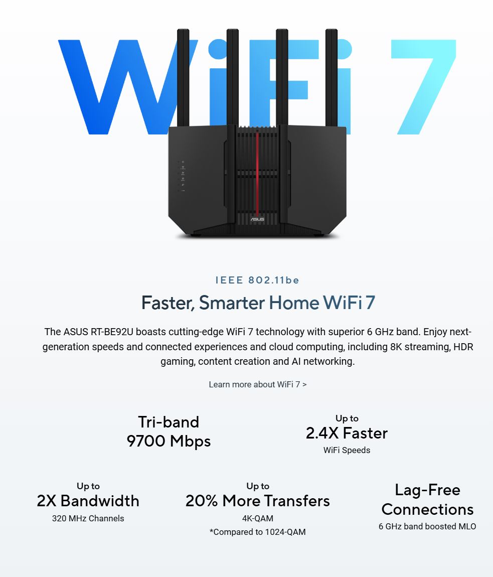 ASUS RT-BE92U BE9700 Tri-band WiFi 7 Router, & 4096-QAM, Multi-link ...
