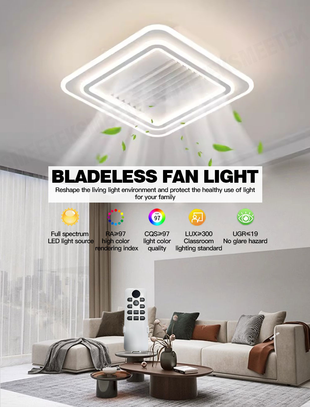 Bladeless Ceiling Fan LED Ceiling Light with Remote Control Silent DC ...