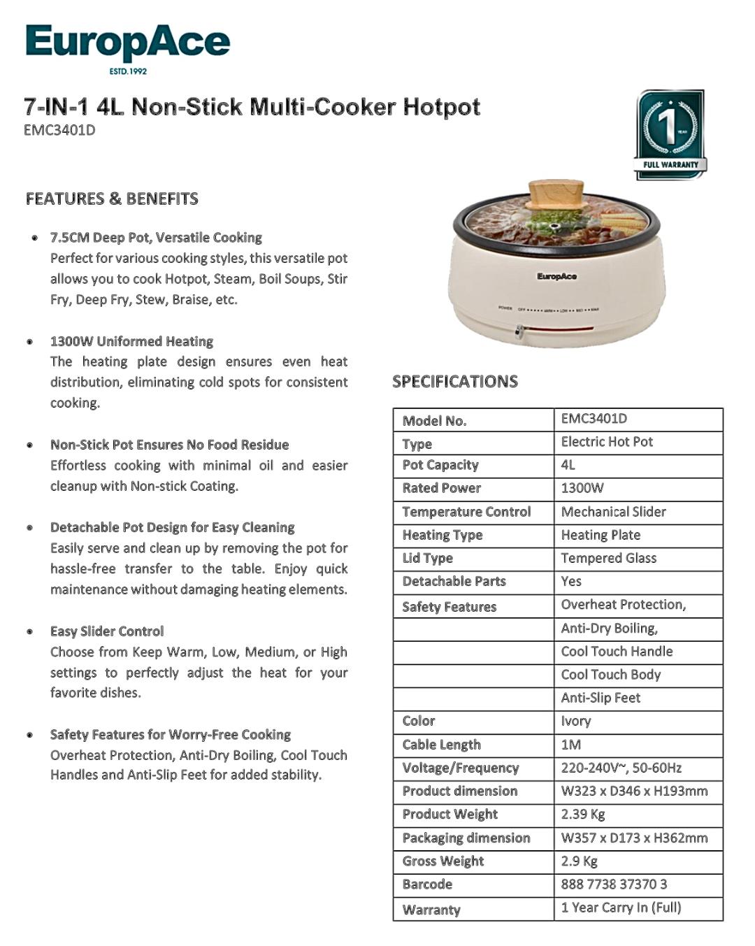 EuropAce 4.0L Multi Fucntion (Non Stick Pot) Cooker | Hotpot ...