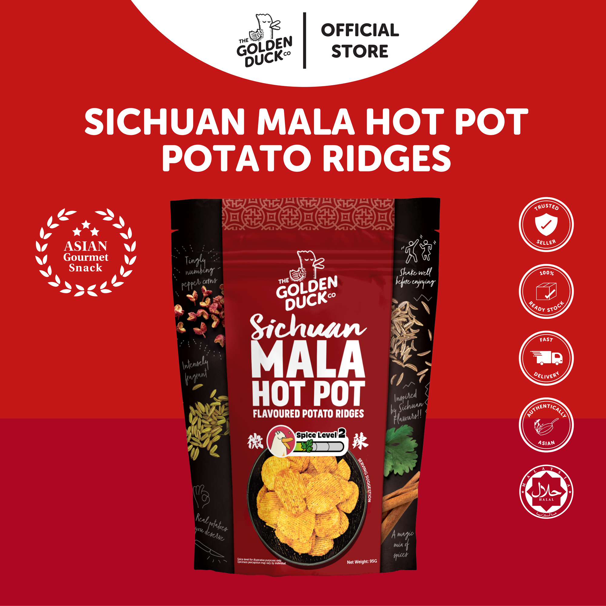 The Golden Duck Sichuan Mala Hot Pot Flavoured Potato Ridges | Wave Cut ...