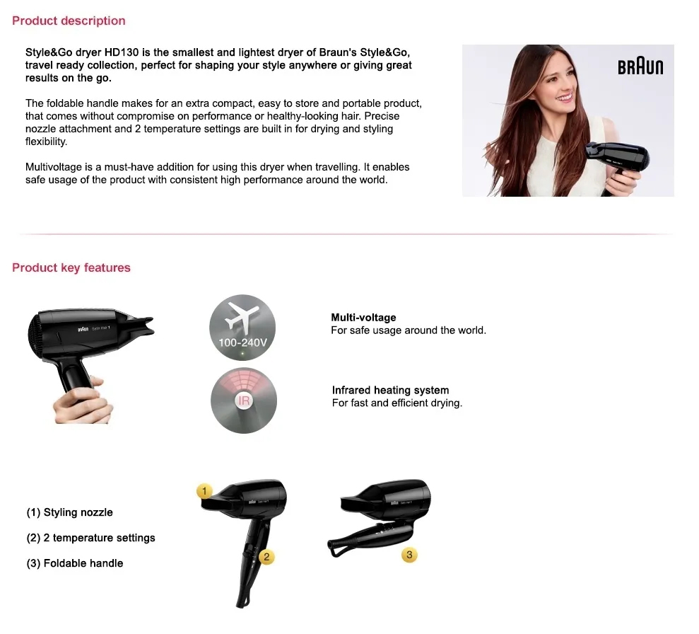 Braun Satin Hair 1 HD 130 Hair Dryer Style & Go Black | Shopee Malaysia