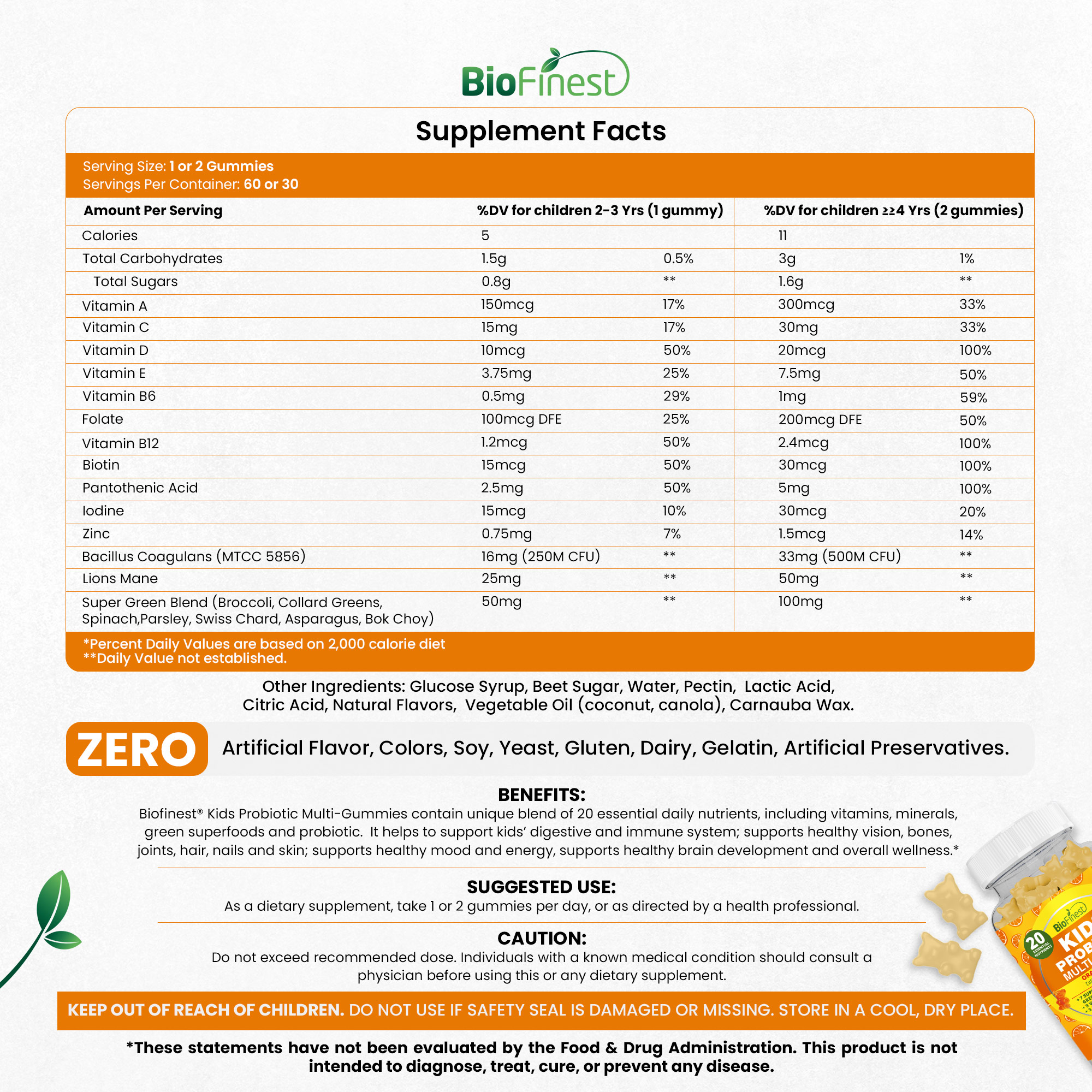 Biofinest Kids Probiotic MultiVitamins Green Superfood Gummy Supplement ...