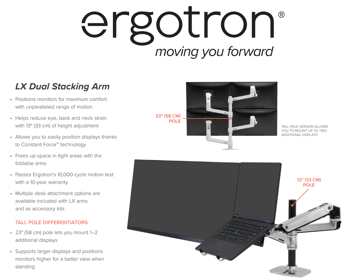 Ergotron LX Dual Stacking Arm Tall Pole | Multi-Monitor Mount | Black ...