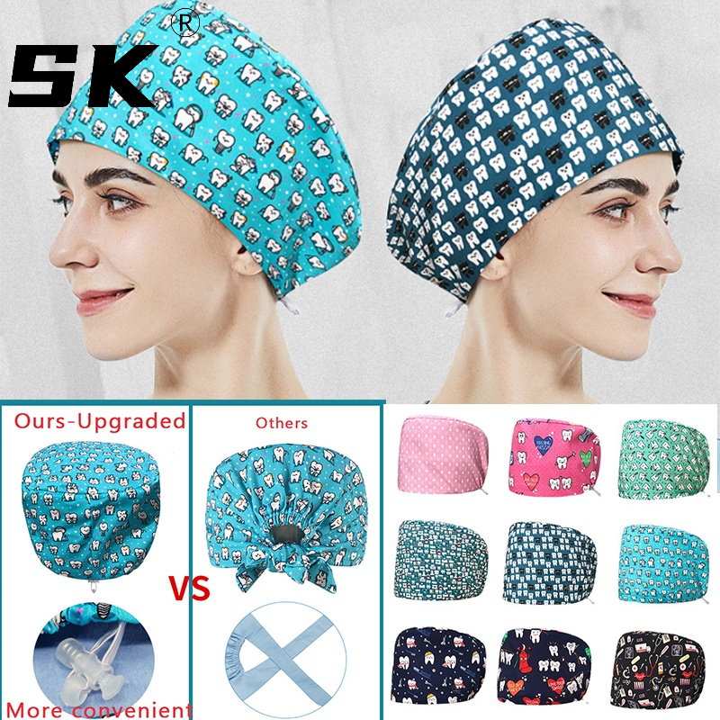 New Adjustable Cotton Scrub Caps with Buttons and Sweatband Women ...