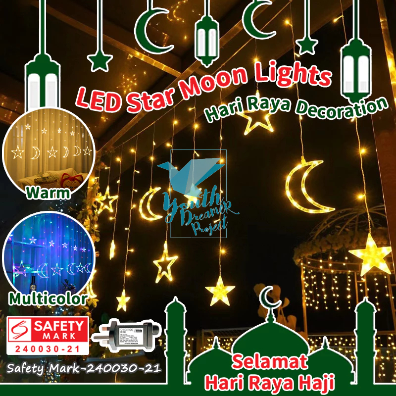 Lampu Raya 4.5 Meters LED Star Moon Lights 138Led Hari Raya Lights ...