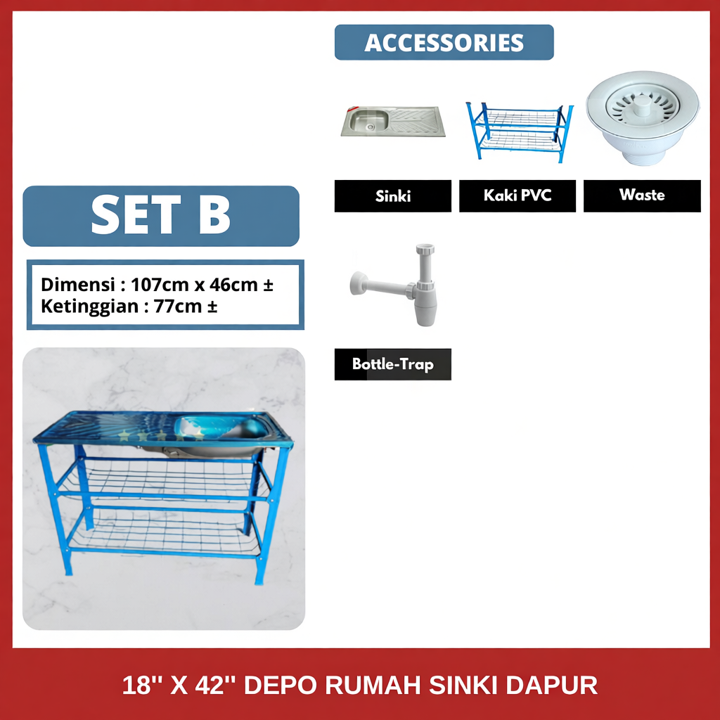 18in x 42in Sinki Dapur Stainless Steel Sink With Sink Stand Complete ...