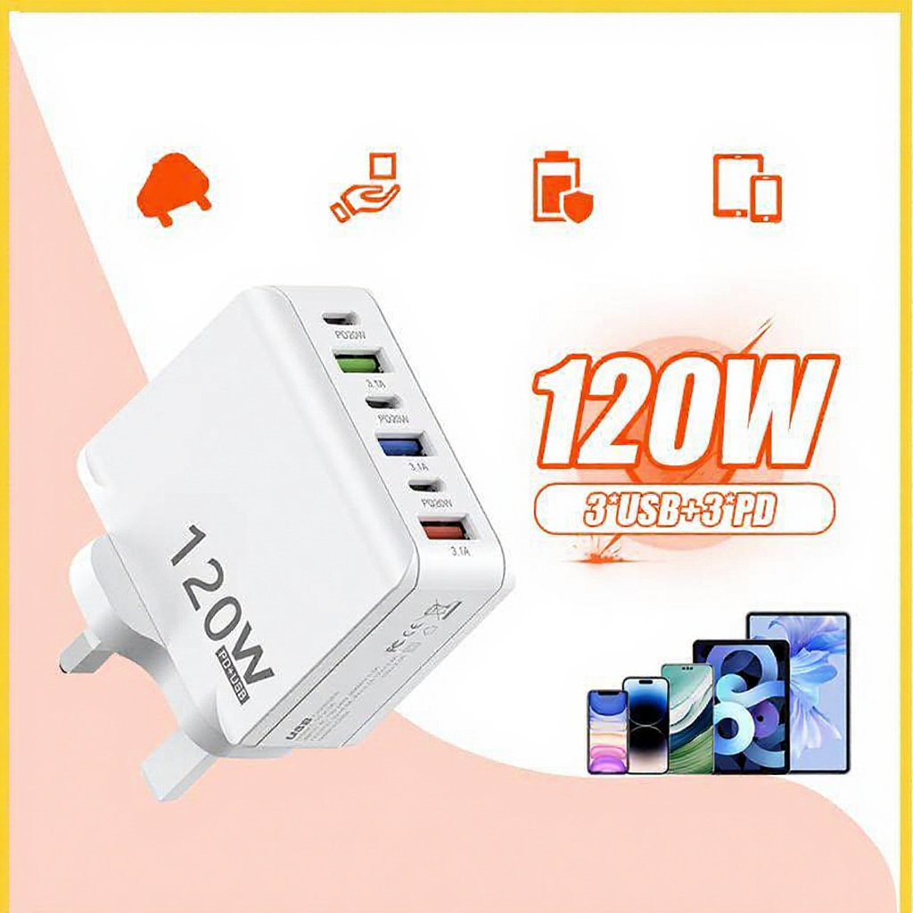 120W Fast Charger 6 Ports 3 USB+3 Type C Fast Charge Phone Power ...