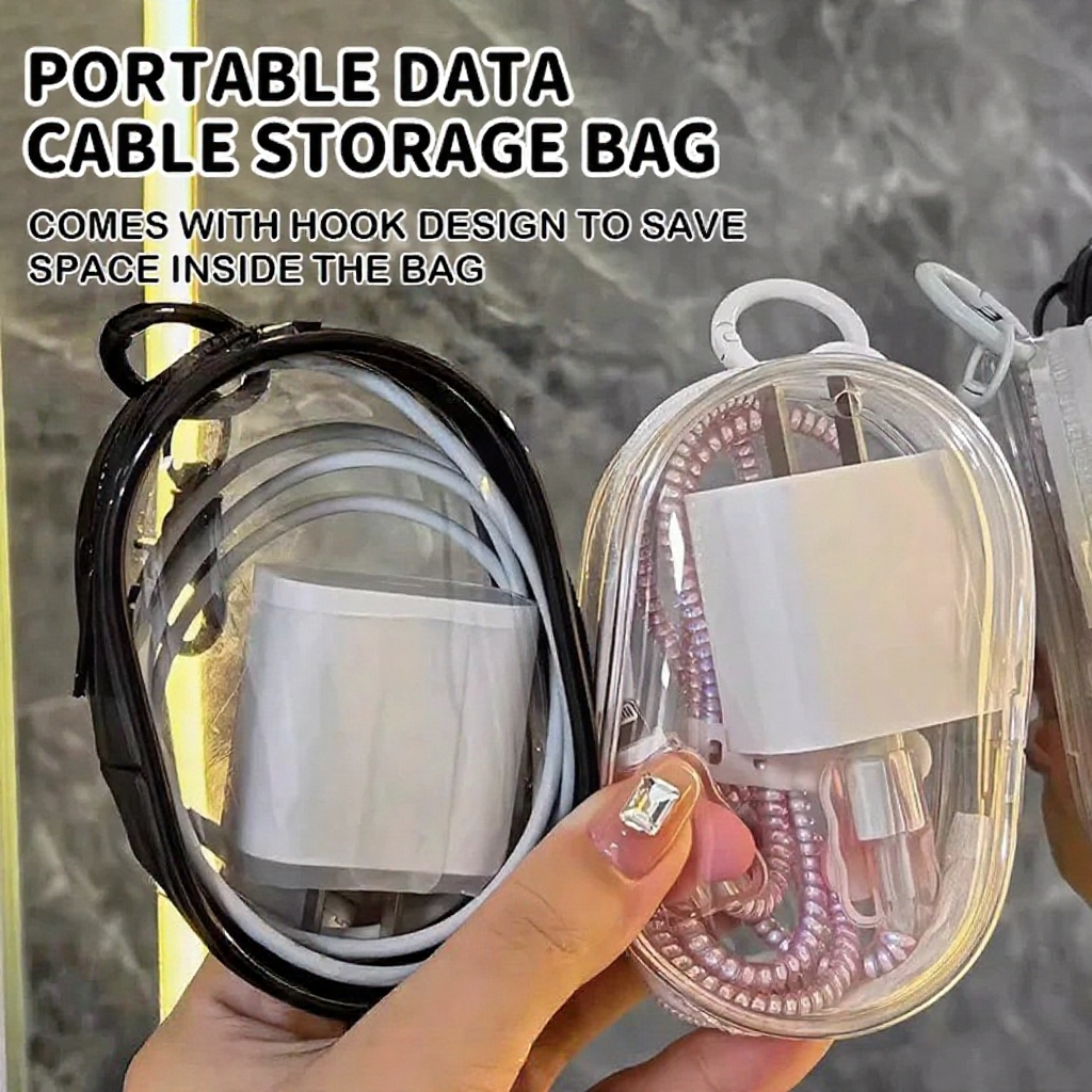 USB Cable Storage Bag with Hook Data Cable Storage Box Transparent ...