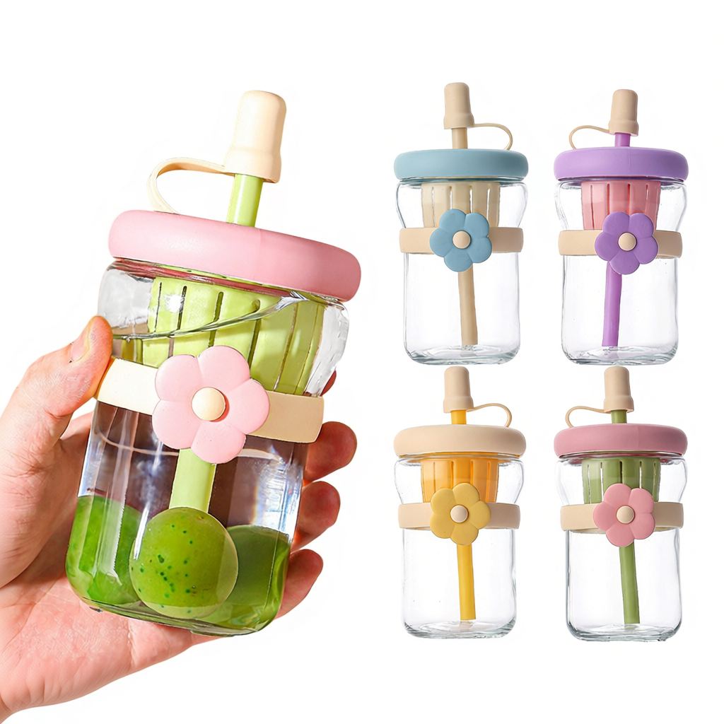 [500ml] Cawan Macaroon Color Glass Cup with Straw Separation Portable ...