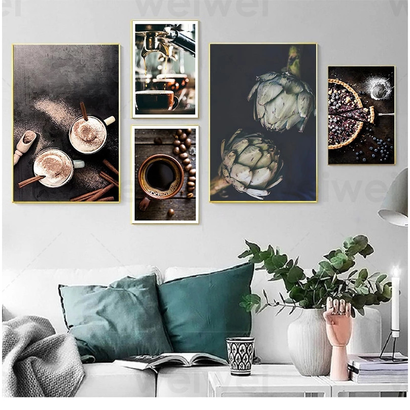 With wooden frame Kitchen Decoration Brownies Canvas Coffee Prints and Posters Blueberry Pie ...