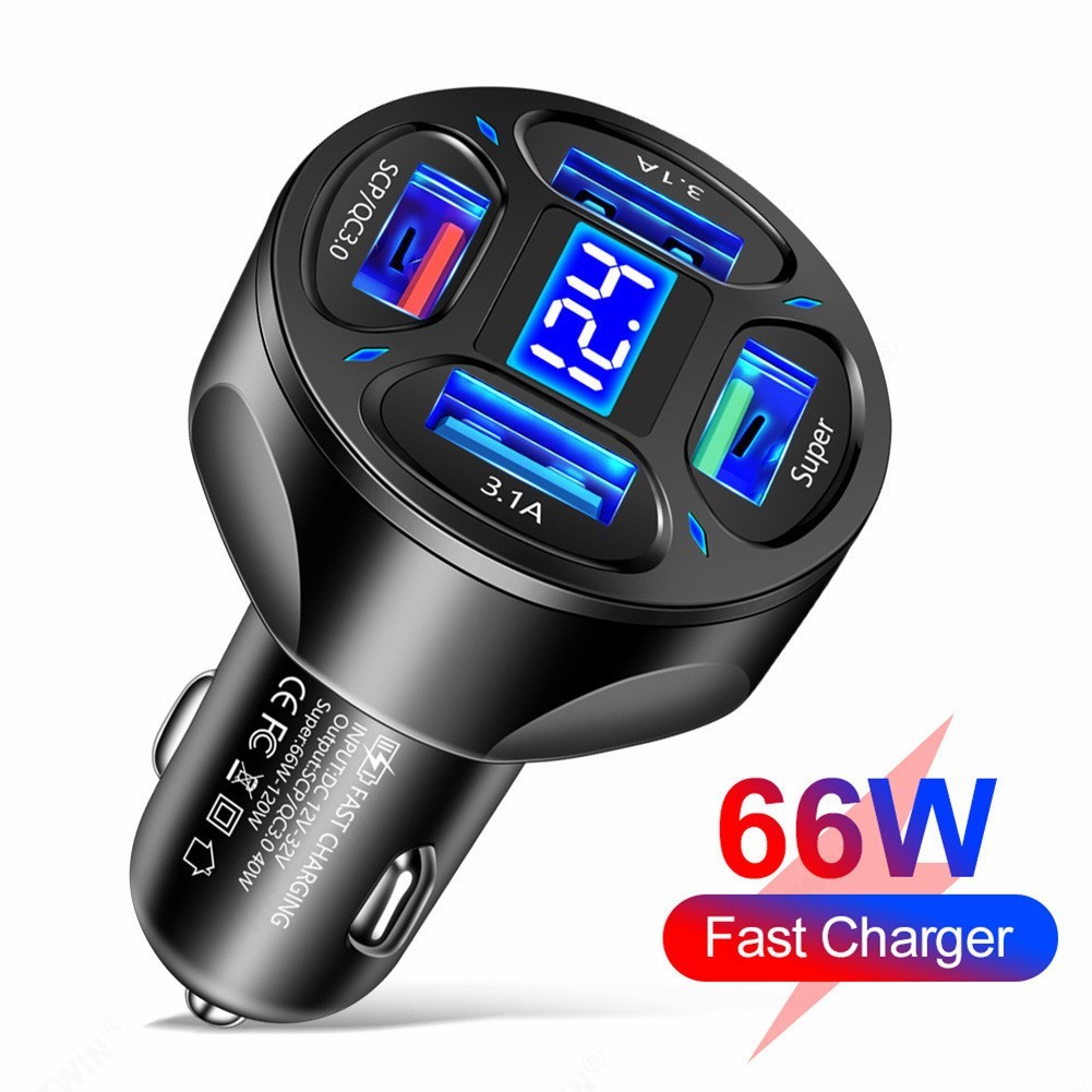 【SUFA】66W 4USB Car Charger Adapter LED Display QC 3.0 Fast Charging ...