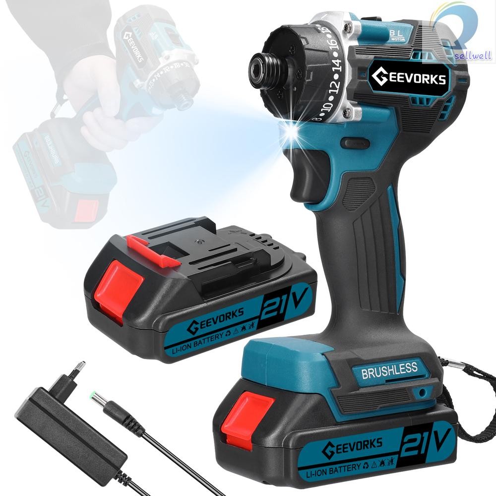 Geevorks 21V Cordless Electric Drill Brushless Motor 2 Speeds Control ...